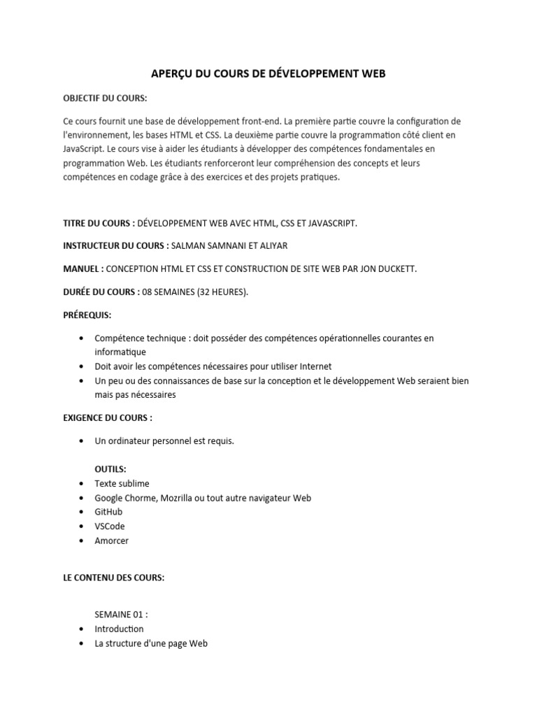 Plan de Cours de Développement Web | PDF | Programmation web | Html
