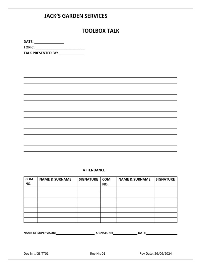 Jack's Garden Toolbox Talk Form | PDF