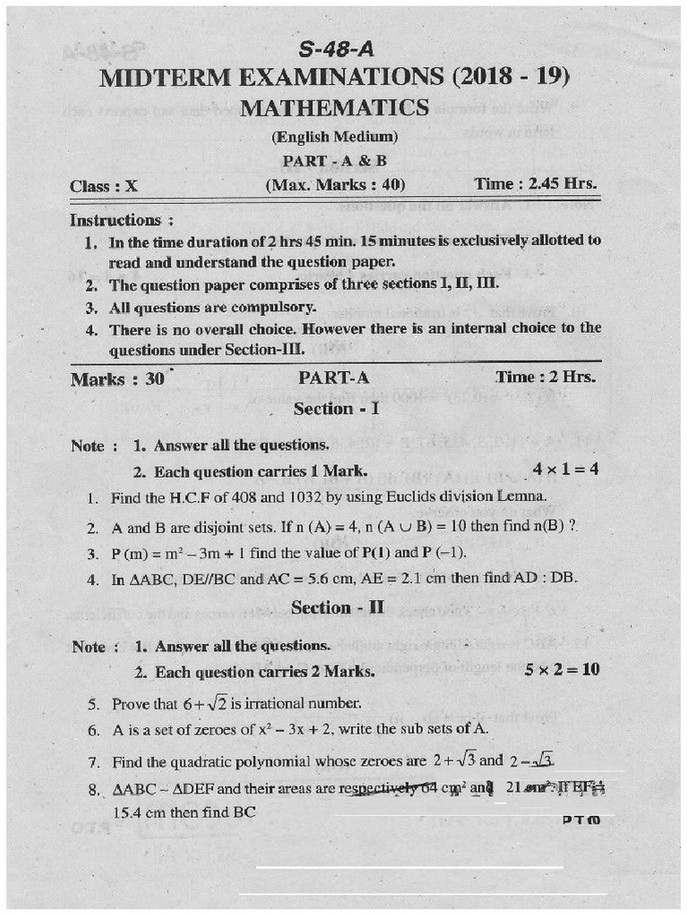 AP Class 10 Mid Term Exam 2018 Question Paper-Maths (Eng Med) | PDF