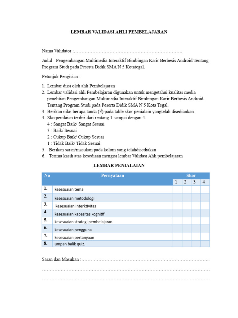 Lembar Validasi Ahli Pembelajaran | PDF | Karier & Perkembangan | Seni