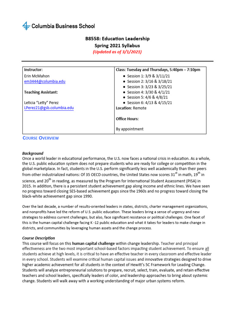 Education Leadership (McMahon) SP2021 | PDF | Leadership | Teachers