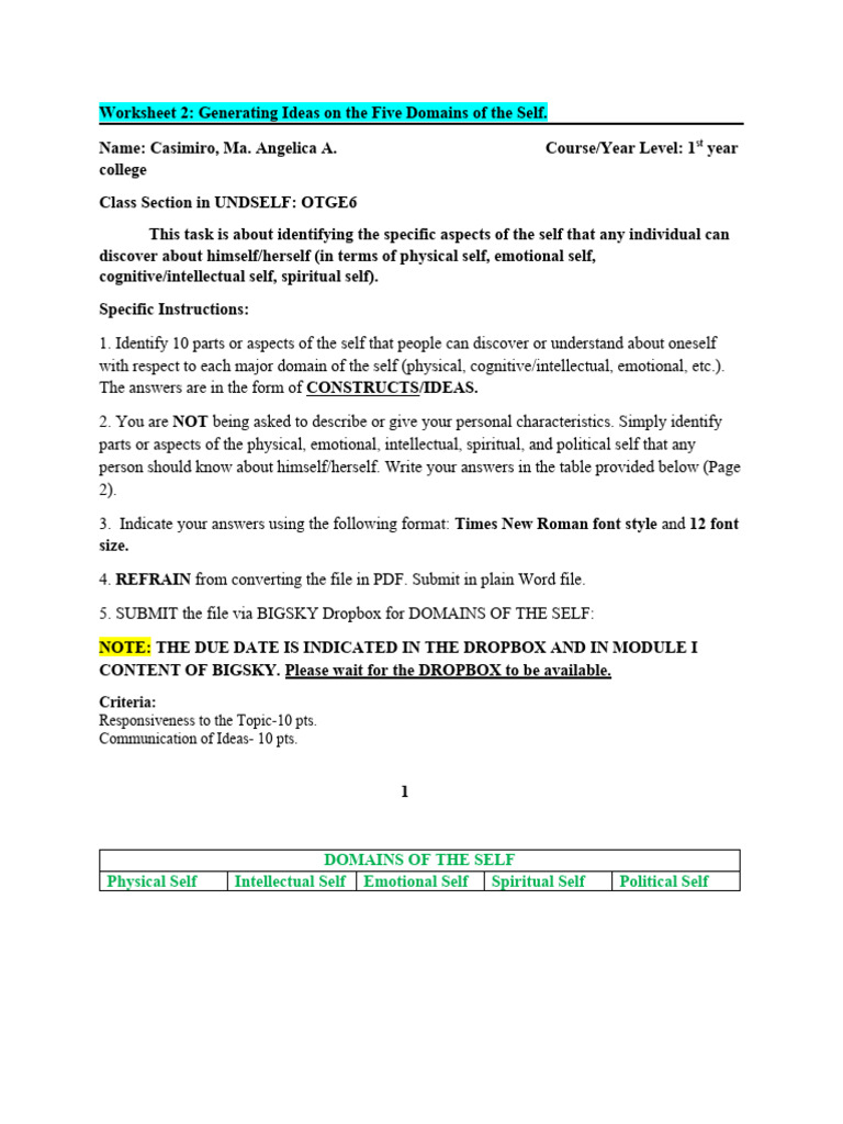 Worksheet #2 - Domains of The Self | PDF | Self Concept | Learning