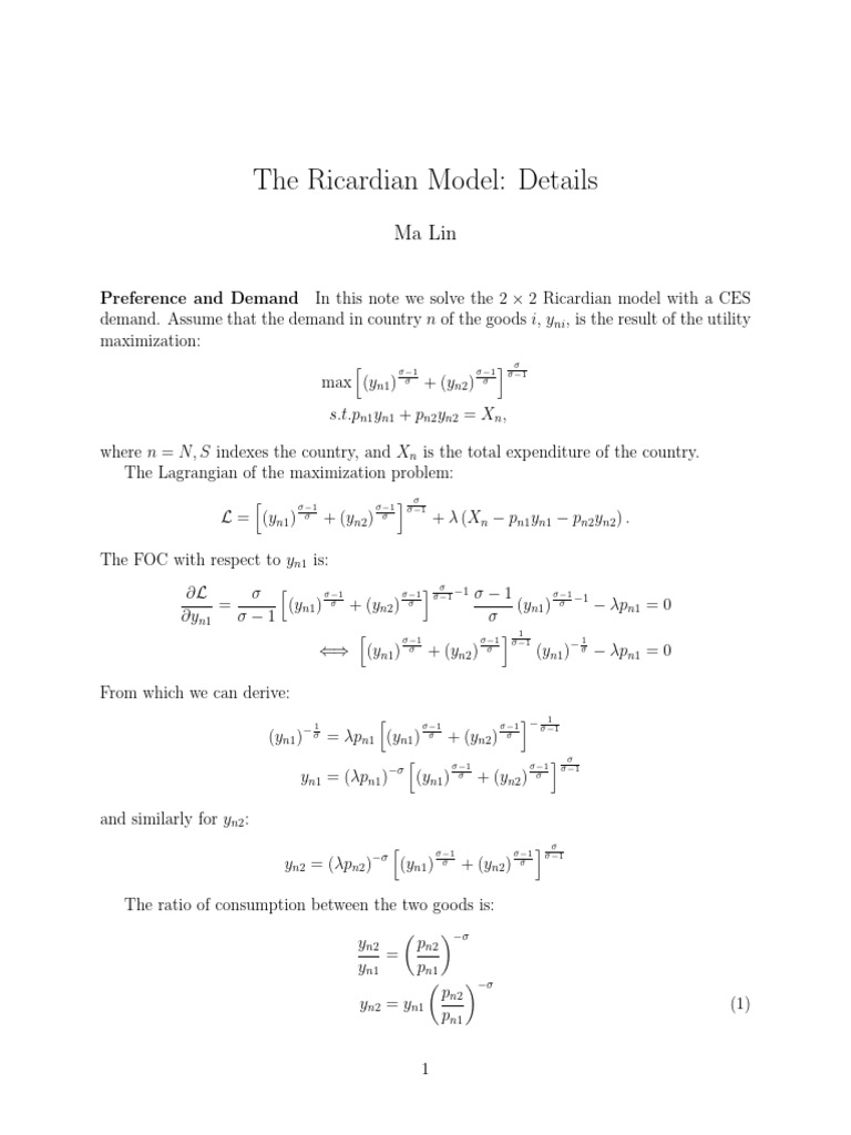 Ricardian Model (Derivation) | PDF | Demand | Utility