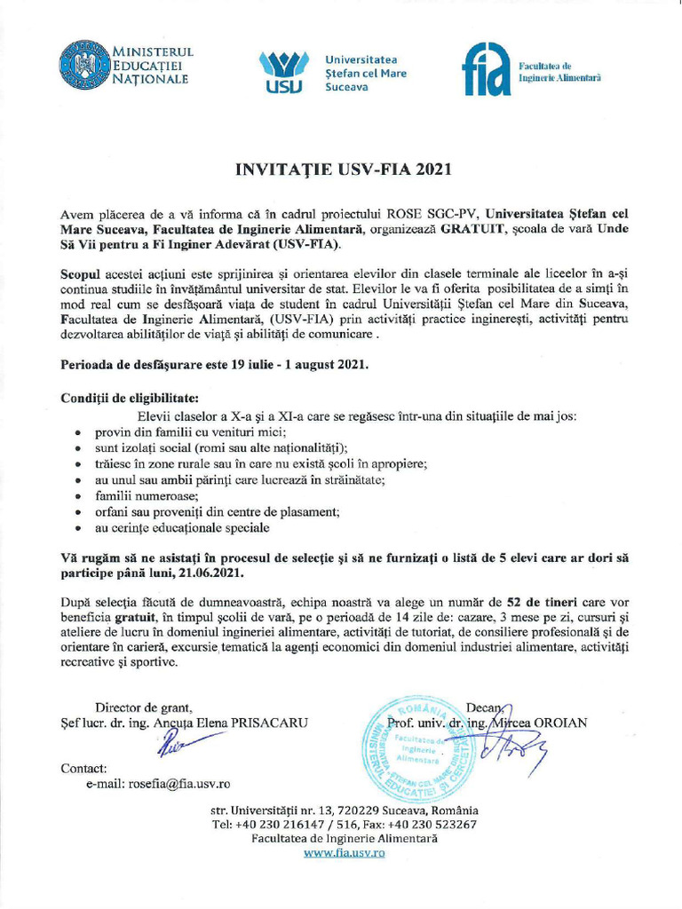 Invitatie Scoala de Vara USV-FIA 2021 | PDF