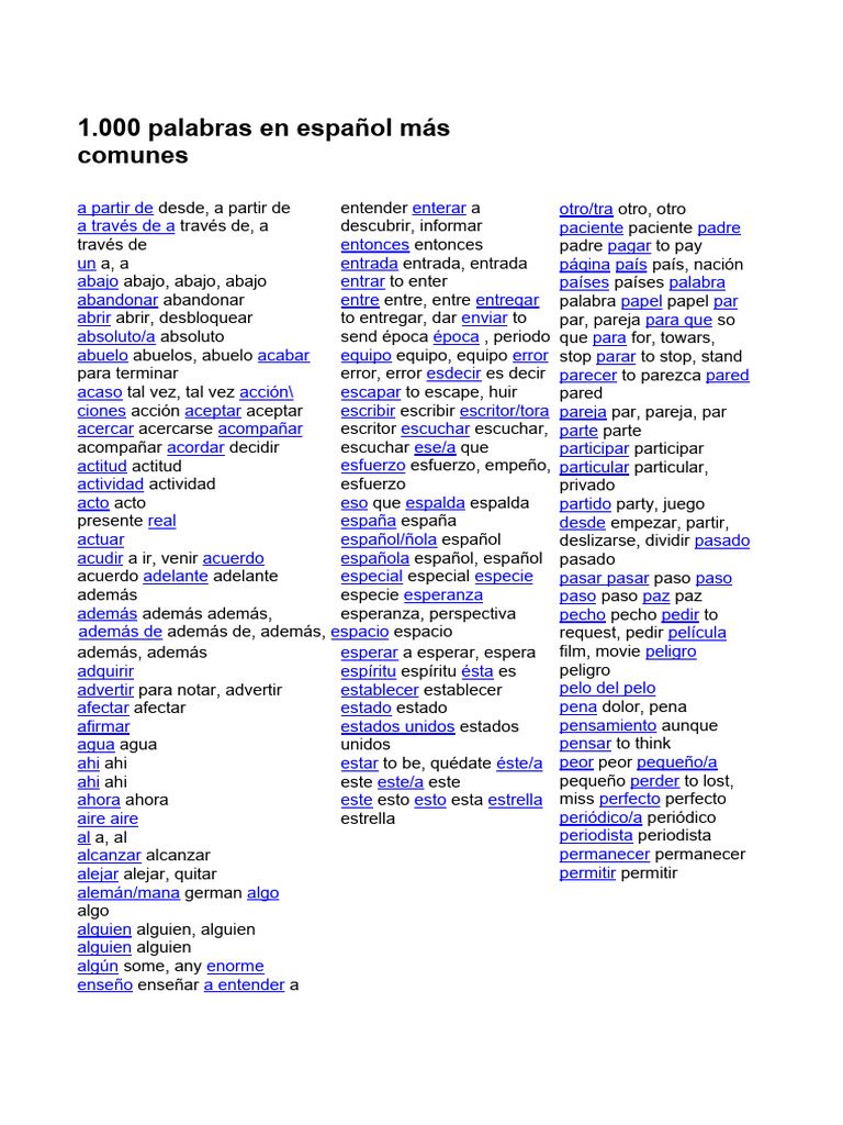 1000 Palabras en Español Más Comunes | PDF