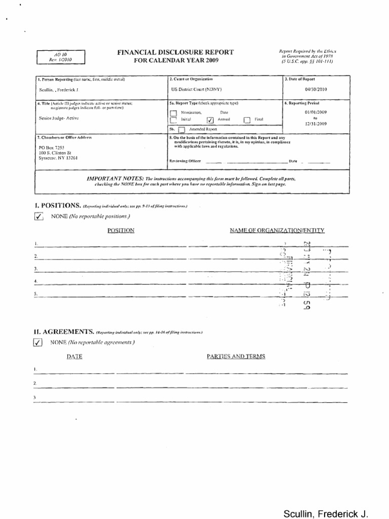 Frederick J Scullin JR Financial Disclosure Report For 2009 | PDF ...