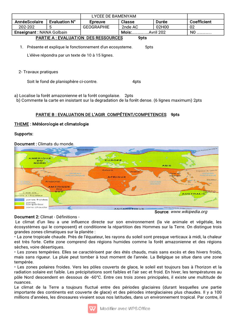 Évaluation de géographie : climat et désert | PDF | Désert | Climat