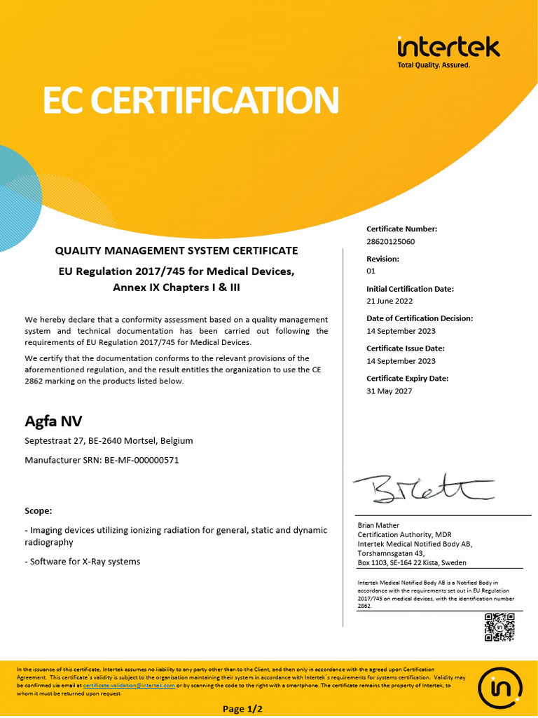 Agfa NV - MDR EC Certificate | PDF | Medical Device