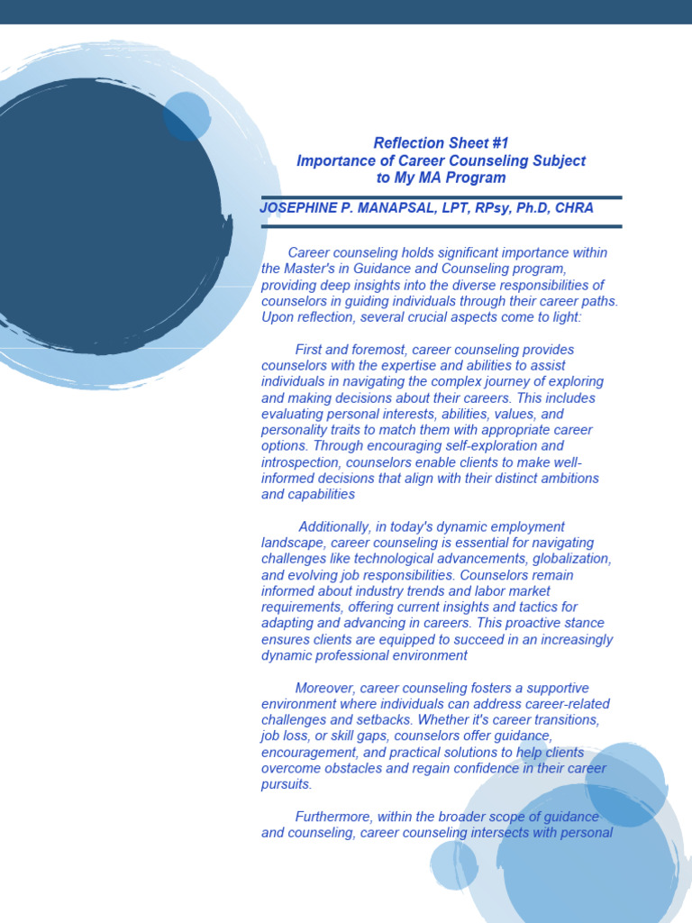 Reflection Sheet #1 Importance of Career Counseling Subject To My MA ...
