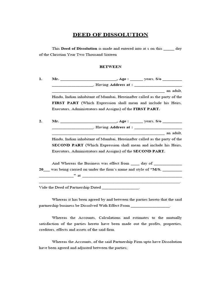 Partnership Deed of Dissolution | PDF | Partnership | Taxes
