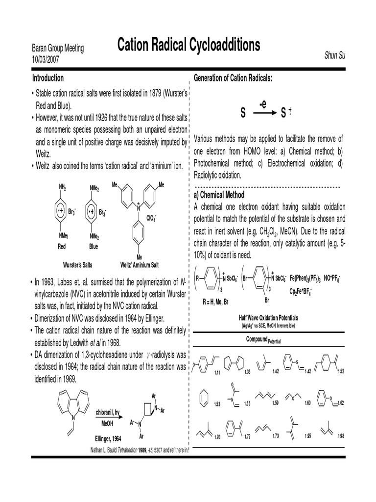 Cation Radical Cycloaddition | PDF | Chemical Reactions | Physical ...