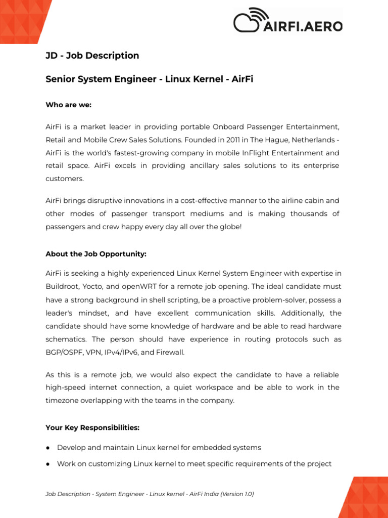 Job Description - System Engineer - Linux Kernel - AirFi | PDF | I Pv6 | Virtual Private Network