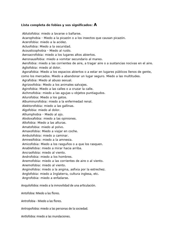 Lista Completa de Fobias y Sus Significados | PDF | Fobia | Temor