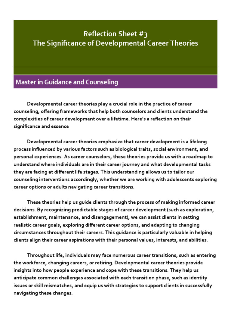 Reflection Sheet #3 The Significance of Developmental Career Theories ...