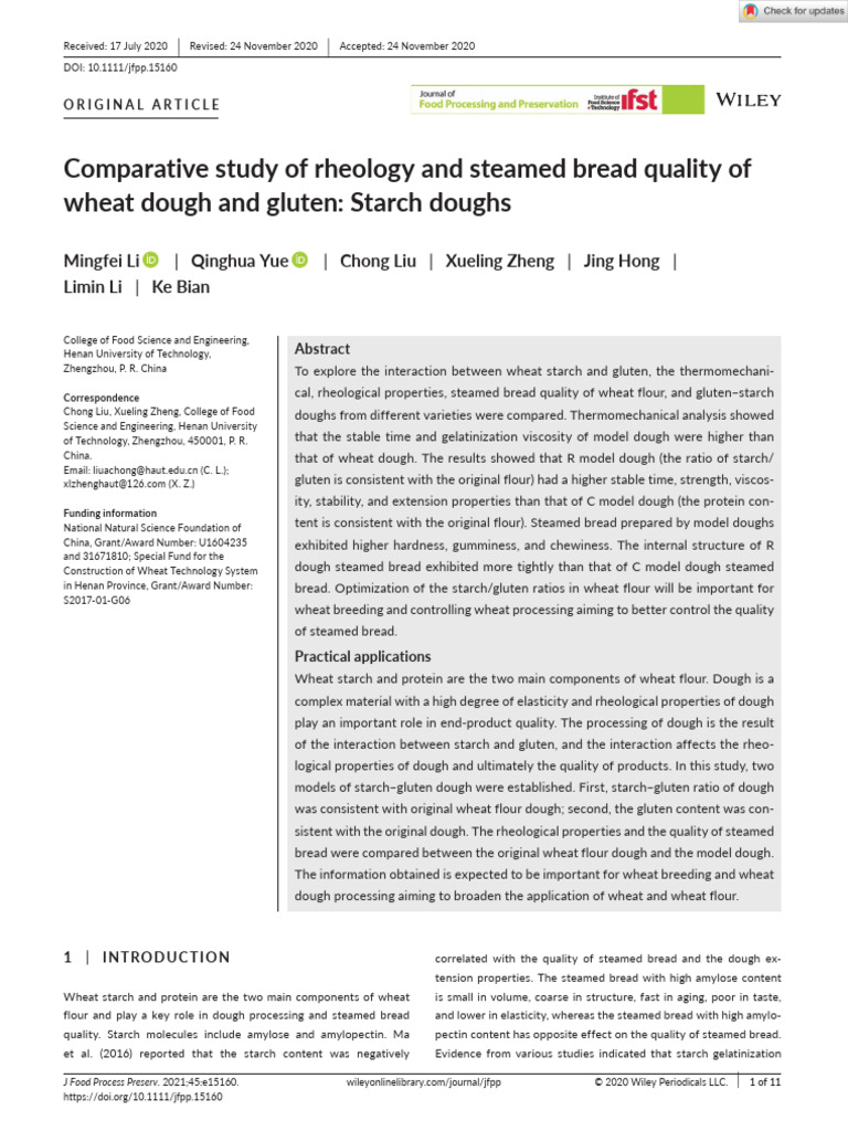 Food Processing Preservation - 2020 - Li - Comparative Study of Rheology and Steamed Bread ...