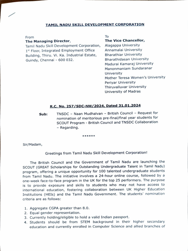 TNSDC - British Council - SCOUT Programme - Letter To Arts & Science Universities | PDF