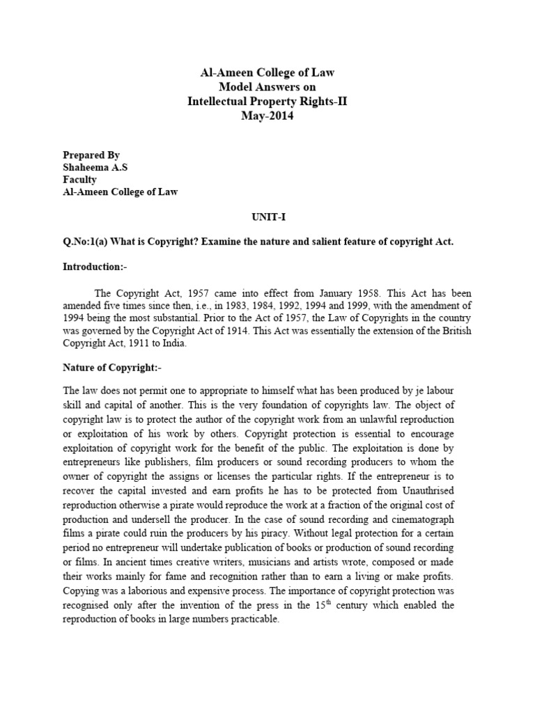 IPR-II Model Answers 2014 Final | PDF | Copyright | Copyright Infringement