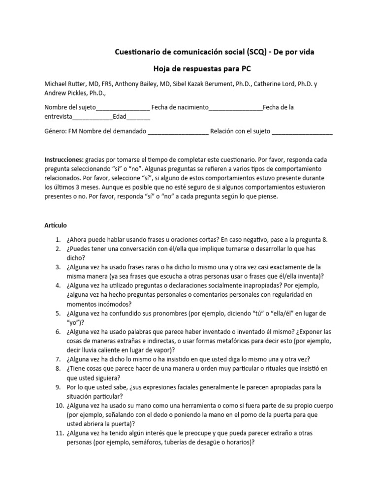 Cuestionario de Comunicación Social (SCQ) : Hoja de Respuestas de ...