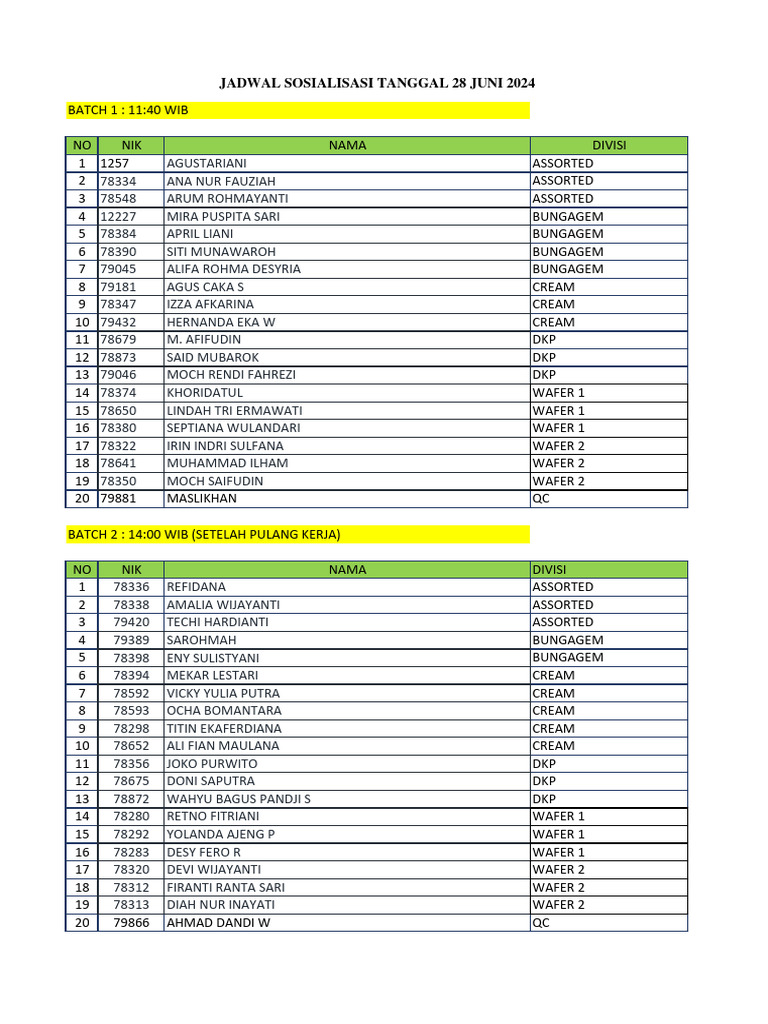 Employee Division Schedule 2024 | PDF