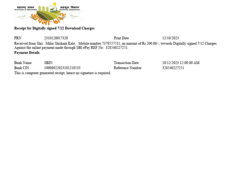 Digital 7/12 Receipt - Mihir Kale | PDF | Business | Law