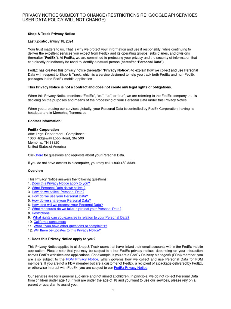 Fedex Multi Carrier Tracking Privacy Notice | PDF | Information ...