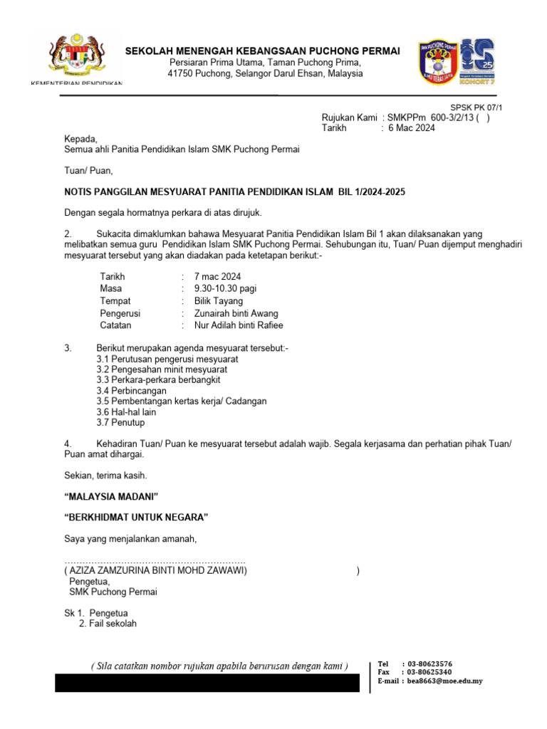 Format Notis Panggilan Taklimat at Mesyuarat Bil 1 | PDF