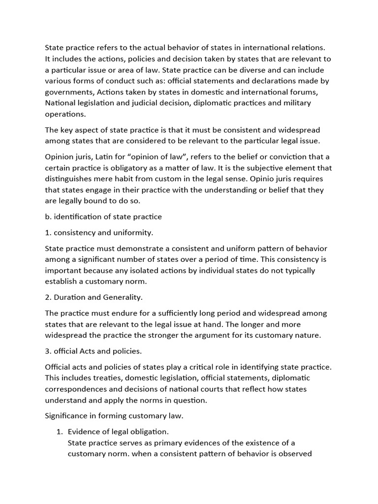 State Practice Refers To The Actual Behavior of States in International ...