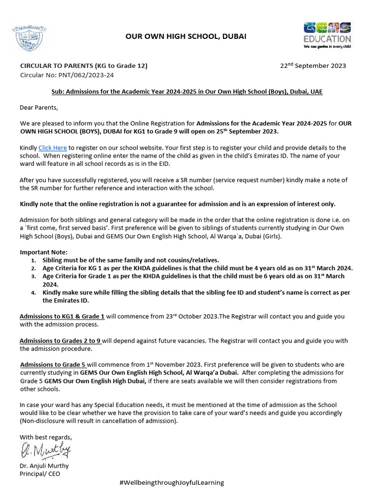 Circular - Admissions For The Academic Year 2024-2025-1 | PDF