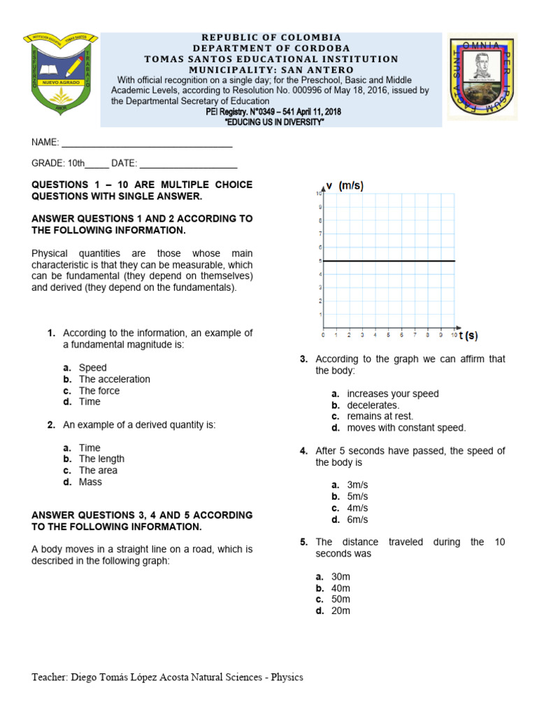 Physics Exam Grade 10 | PDF | Acceleration | Quantity