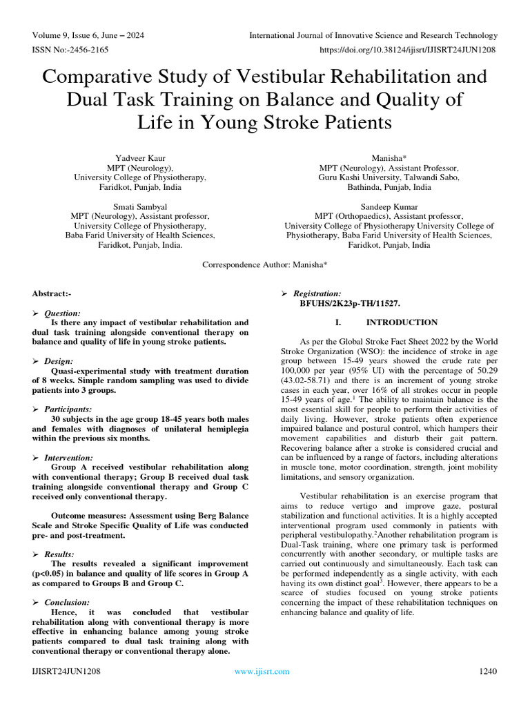 Comparative Study of Vestibular Rehabilitation and Dual Task Training On Balance and Quality of ...