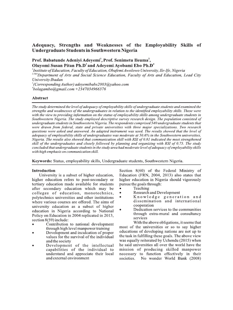 Adequacy, Strengths and Weaknesses of The Employability Skills of ...