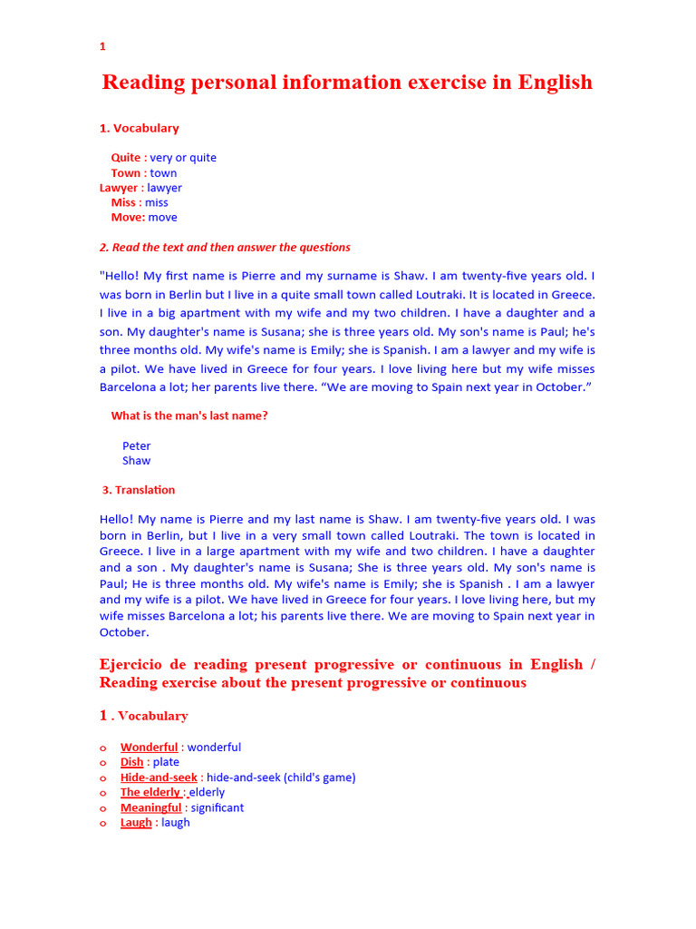 Reading Exercise Personal Information in English | PDF | I Pad | Trick ...