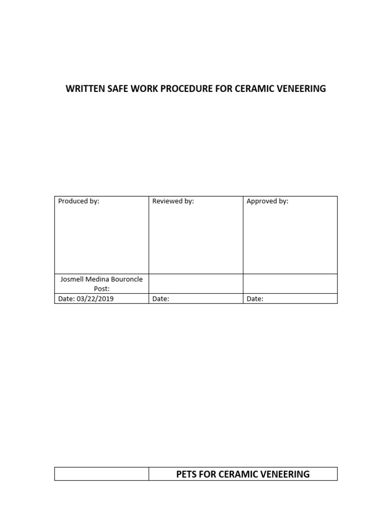 Safe Work Procedure for Ceramic Veneering | PDF | Personal Protective ...