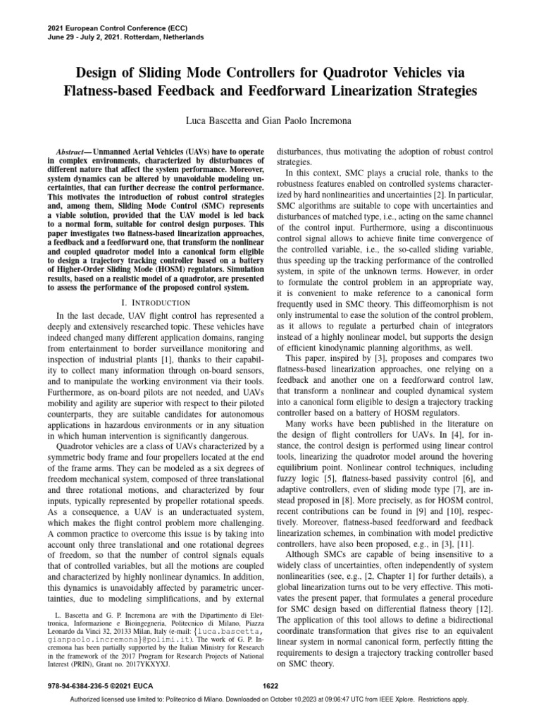Design Of Sliding Mode Controllers For Quadrotor Vehicles Via Flatness Based Feedback And 