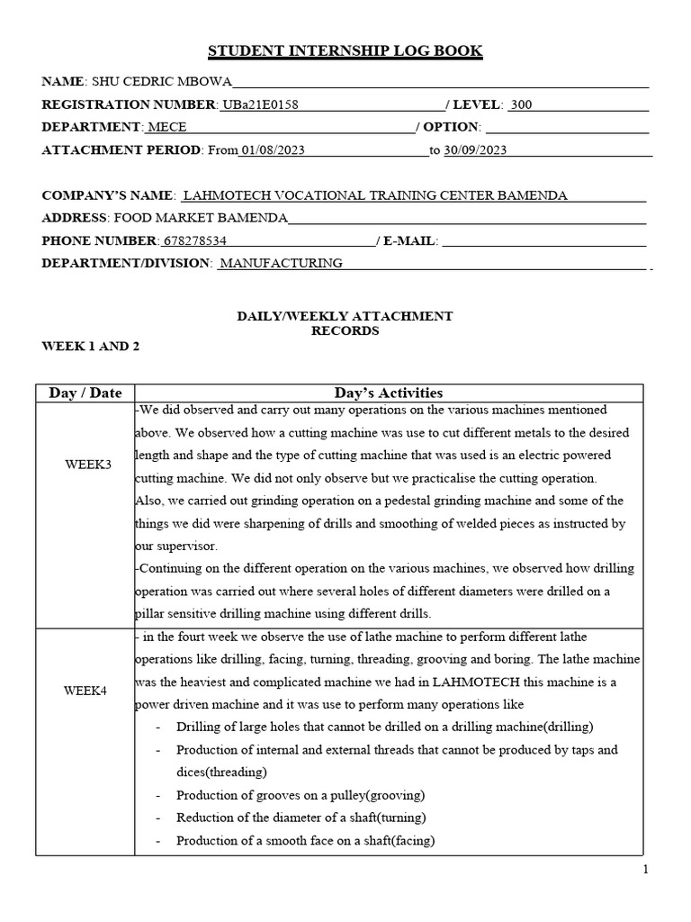 Student Internship Log Book: Week4 | PDF | Drill | Drilling