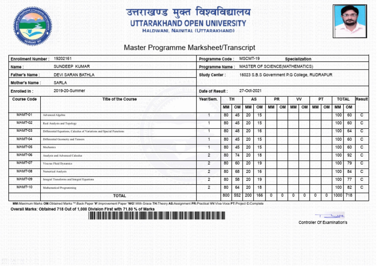 Marksheet | Download Free PDF | Mathematical Analysis | Applied Mathematics