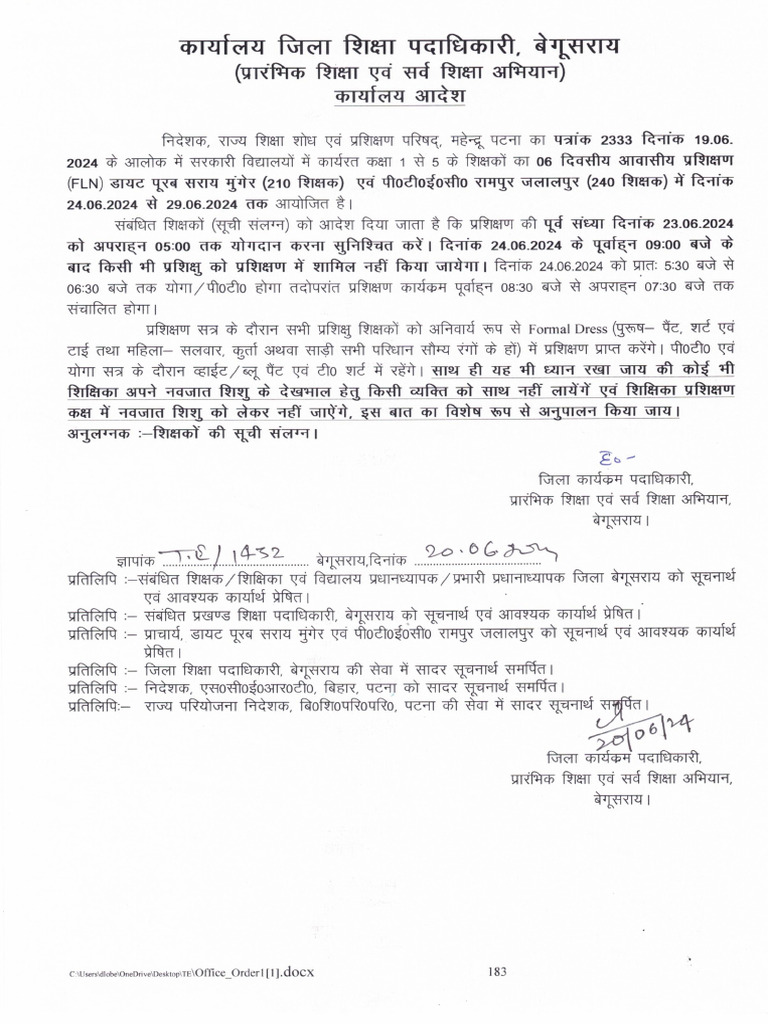 Class 1 To 5 Fln Training List Letter No 1432 Date 20 06 2024 PDF