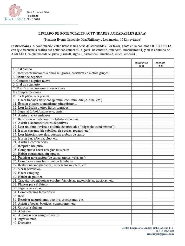 Listado de Potenciales Actividades Agradables (Lpaa) | PDF