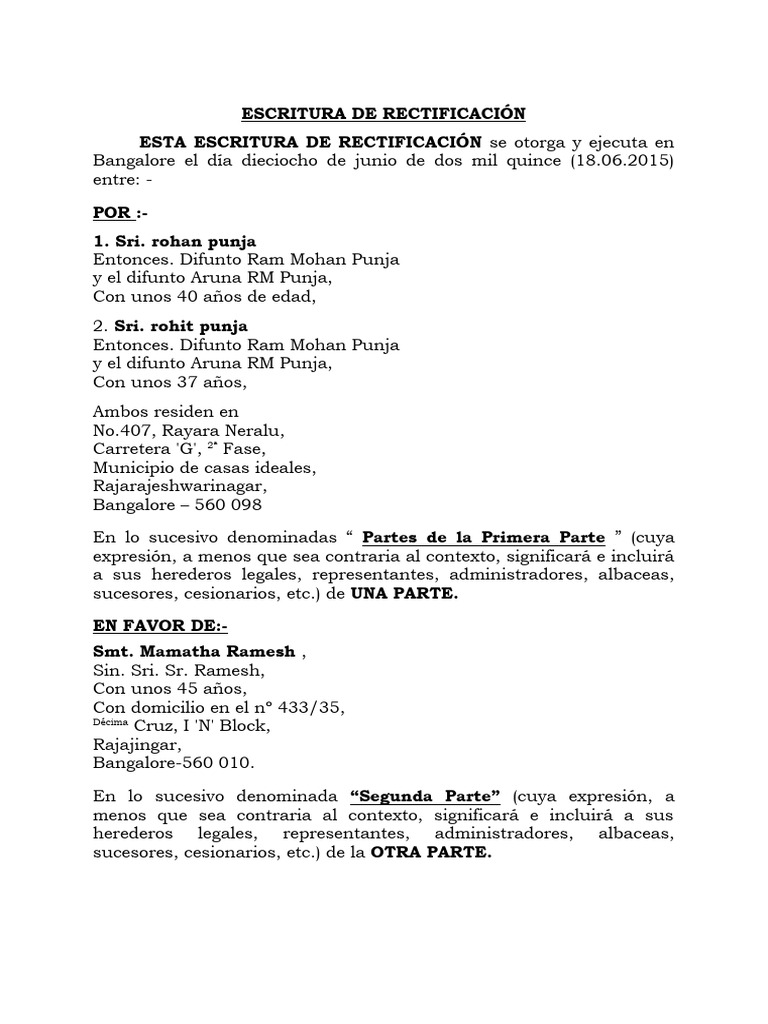 14 ESCRITURA DE RECTIFICACIÓN Mamatha Ramesh LR Del Error Del Vendedor | PDF