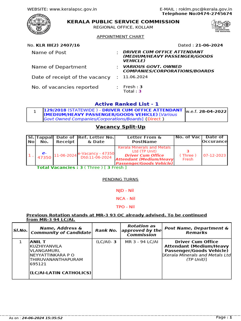 Driver Appointment Chart | PDF | Transport
