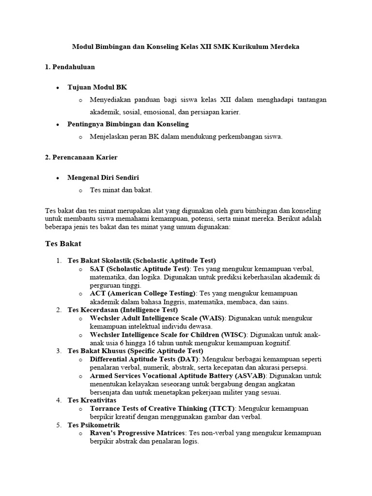 Modul BK XII SMK: Tes Bakat & Minat | PDF