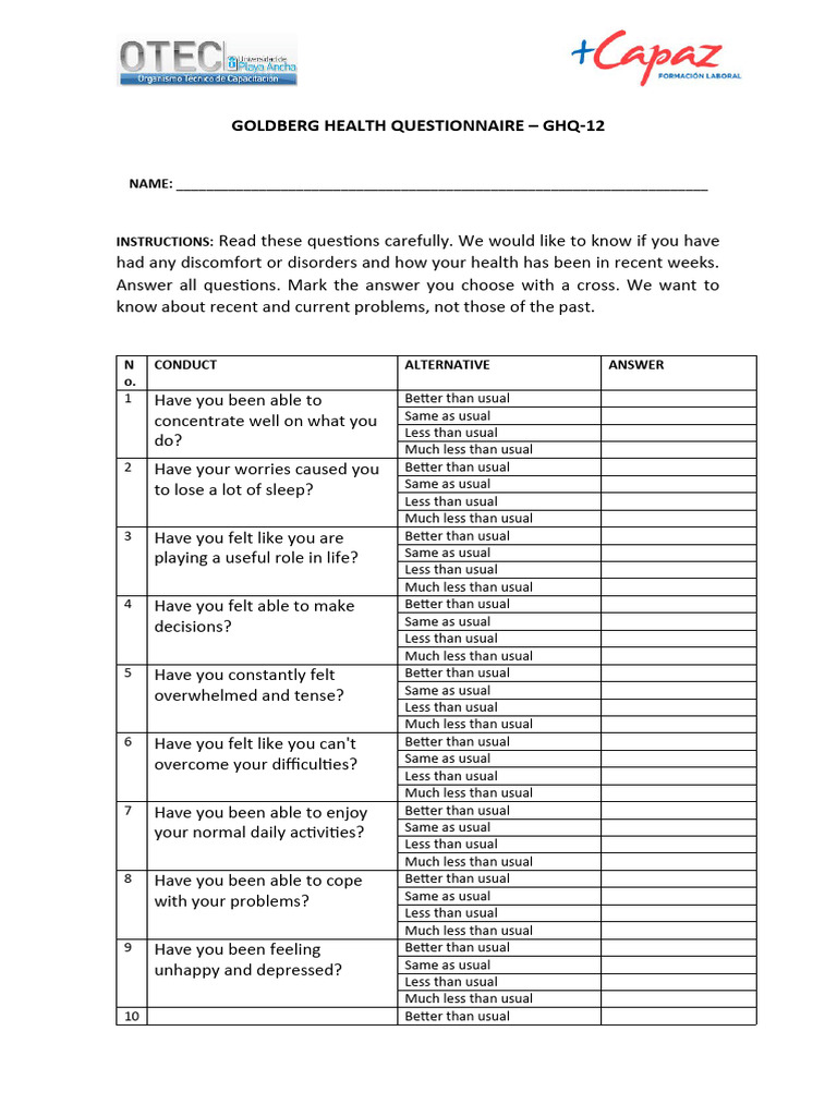 Goldberg Health Questionnaire | PDF | Psychopathology | Mental Disorder