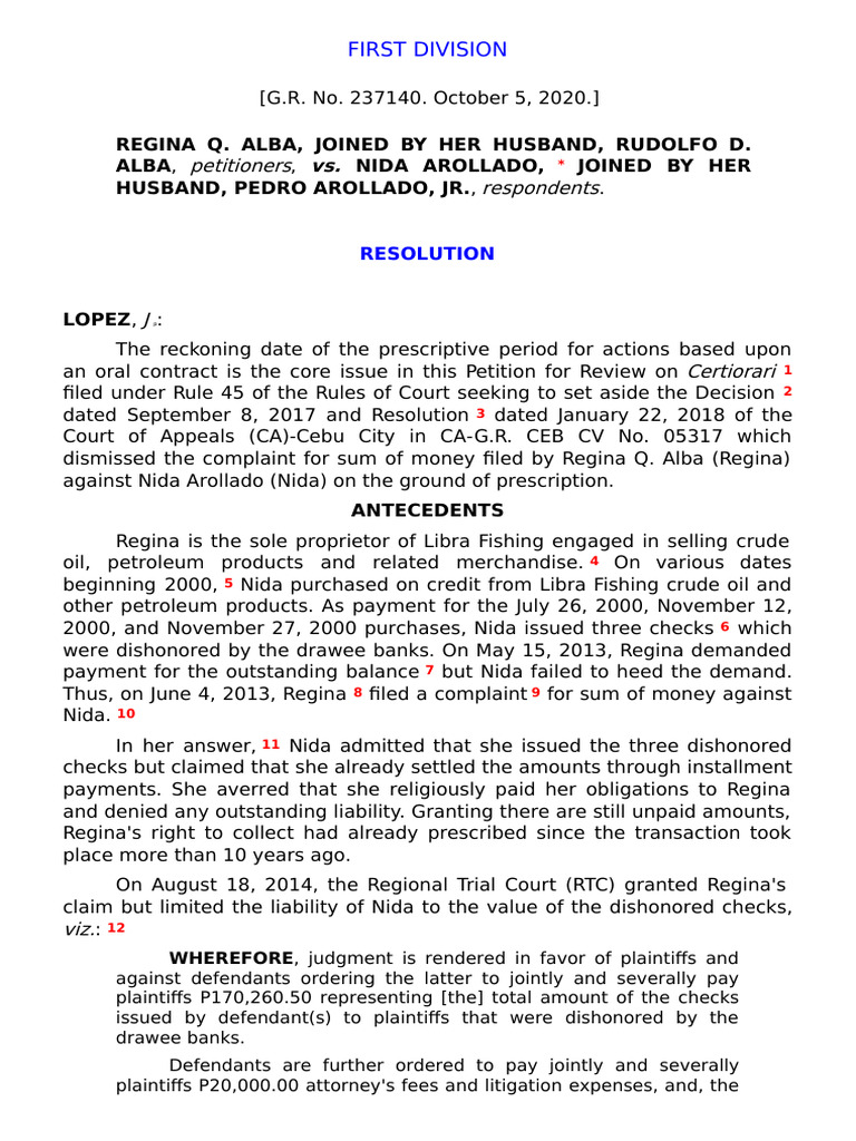 119 Alba v. Arollado GR 237140 | PDF | Lawsuit | Judgment (Law)