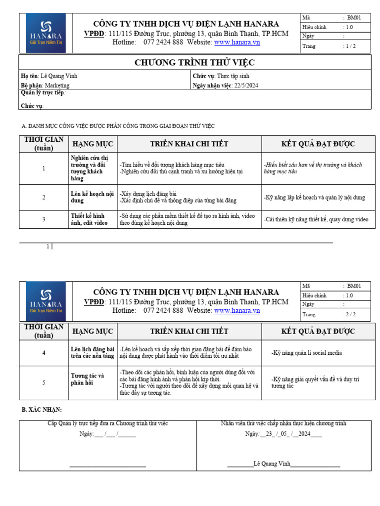 BM - Chuong Trinh Thu Viec-Lê Quang Vinh | PDF