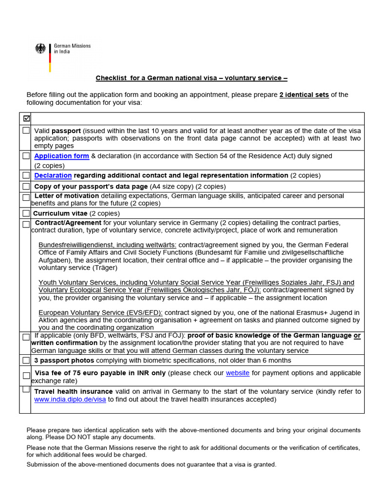 German Visa Checklist for Voluntary Service | PDF | Travel Visa | Passport