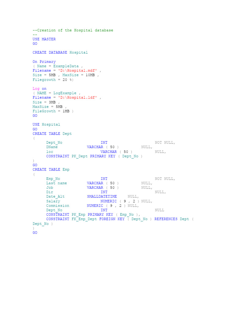 Sql Hospital Database Creation Pdf Databases Data Management Software