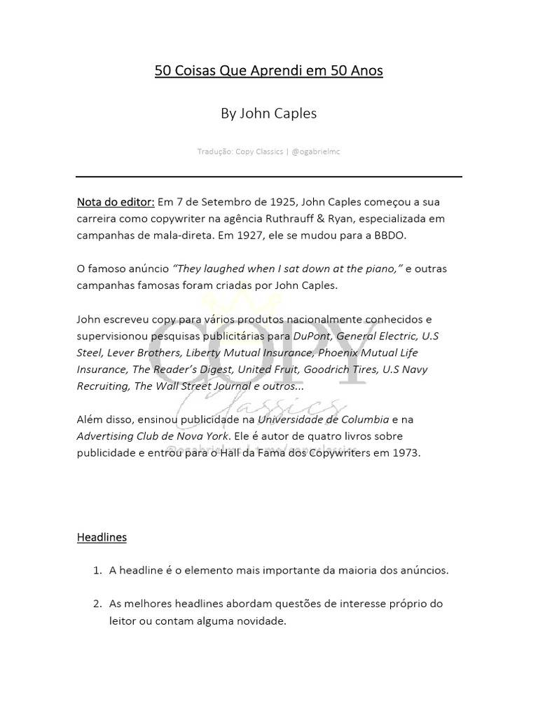 JOHN CAPLES - 50 Coisas Que Aprendi em 50 Anos | PDF | Publicidade ...