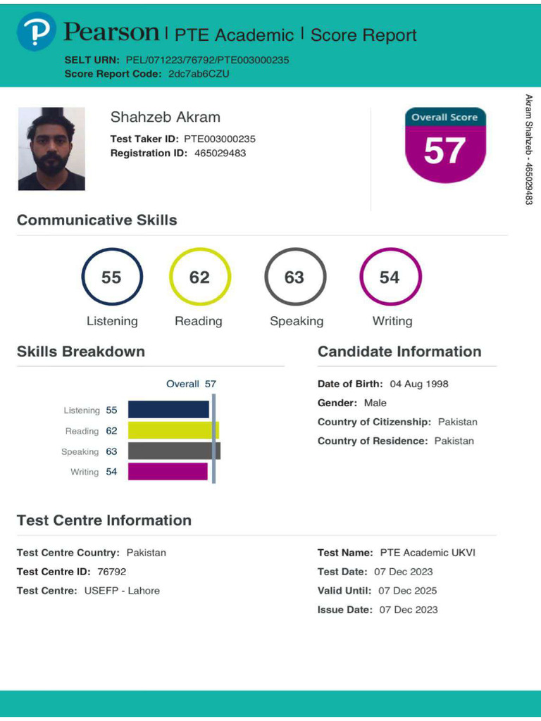 Pearson PTE Acedemic Score Report | PDF