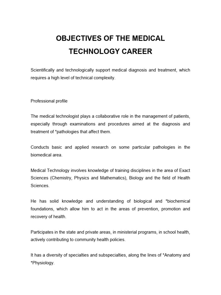 Objectives of The Medical Technology Career | Download Free PDF | Pathology | Radiology