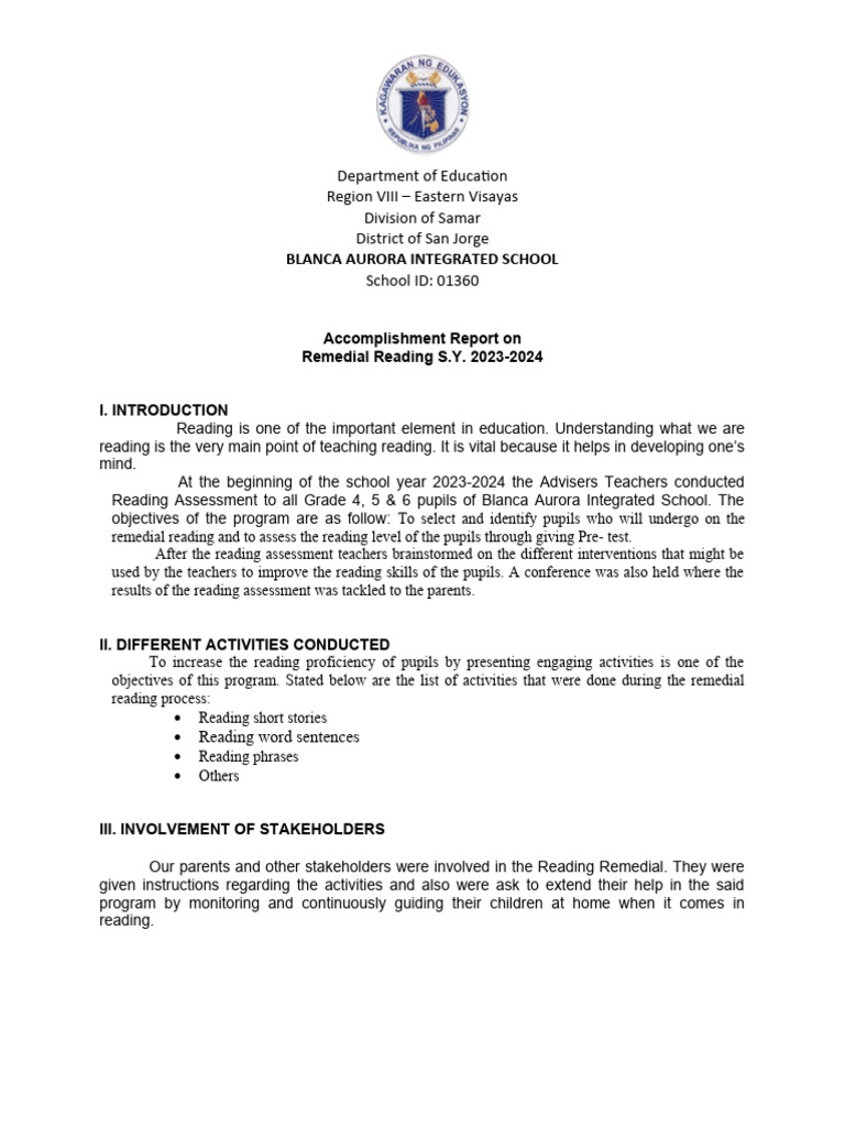 Remedial Reading Accomplishment Report | PDF | Teachers | Cognitive Science